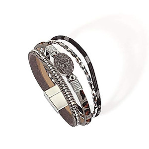 FANCY SHINY Leather Wrap Bracelet Boho Cuff Bracelets Crystal Bead Bracelet with Clasp Jewelry Gift for Women Teen Girls(7.7", Grey Leopard)