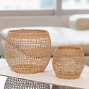 LilaCraft Set 2 Woven Seagrass Lanterns, Boho Wicker Lantern with Round Shape, Decorative Seagrass Candle Holders, Wicker Pendant Light Shade for Kitchen Dinning Room Bedroom