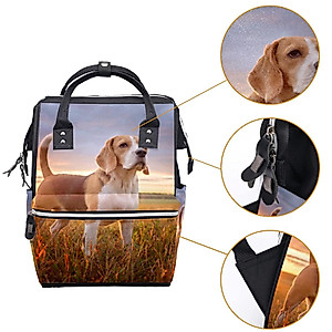 Large Baby Diaper Bag Backpack, Outdoor Beagle Dog Waiting Sunset Nappy Bag Travel Back Pack for Mom and Dad