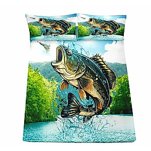 LUVIVIHOME 4PCS Fishing Sheets Set, King Bed Sheets, Forest Animal Hunting Lodge Country Rustic Farmhouse Bass Fish Bedding, Fishing Gifts for Men Boys, 1 Fitted Sheet & 1 Flat Sheet & 2 Pillowcases