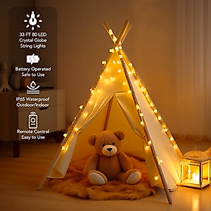 Tasodin 33 FT 80 LED Mini Globe Indoor String Lights Battery Operated 8 Modes with Remote Decorative Bedroom Room Dorm Yard, Waterproof Outdoor Patio Garden Home Christmas Party, Warm White