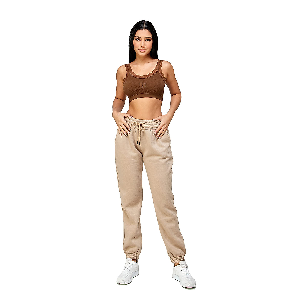 IUUI Sweatpants for Women High Stacked Waist Fleece Womens Joggers with Pockets Lounge Pants for Yoga Workout Running Taupe