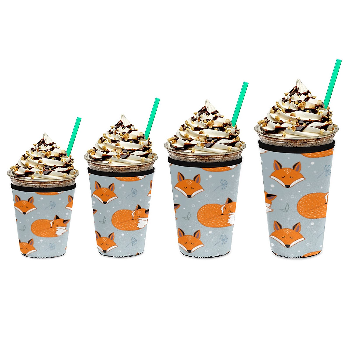Iced Coffee Sleeve Animal Fox, Fox Flower Reusable Neoprene Insulated Sleeves Cup Cover Holder for Cold Drinks Beverages 22oz - 24oz