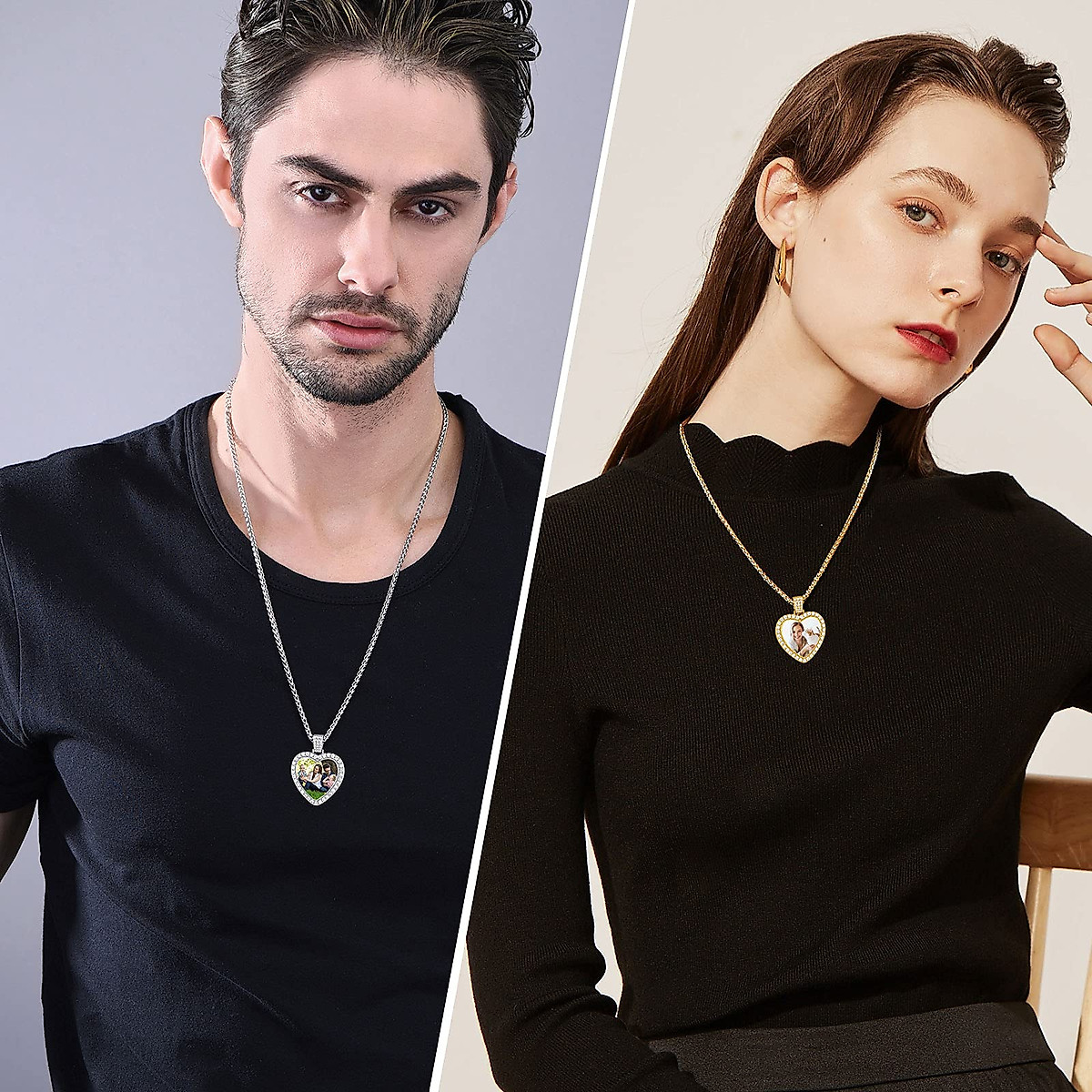Custom Necklace with Picture Inside Photo Necklace Personalized Memorial Heart Necklaces for Women Bling CZ 18K Gold Plated Fake Gold Pendant Engraved 18'' 22'' Keepsakes Hiphop Jewelry for Lover Mother Gift for Family Couples
