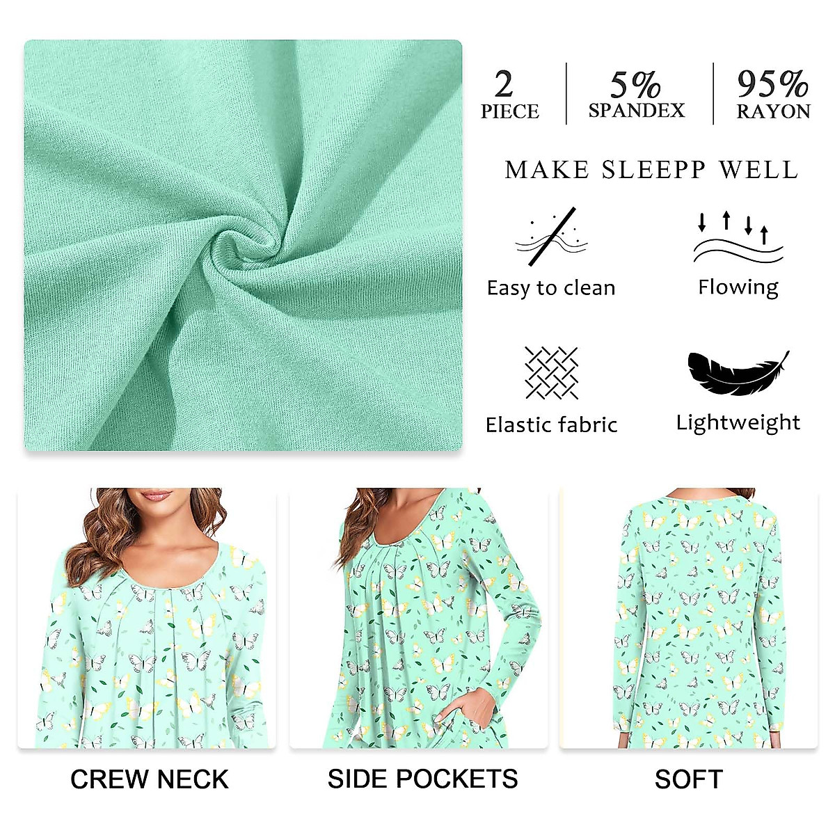TAOHUADAO Women's Fall Pajamas Set with Pockets Soft Pants with Long Sleeve Top Ladies Sleepwear Plus Size Pjs Loungewear L, Mint Green