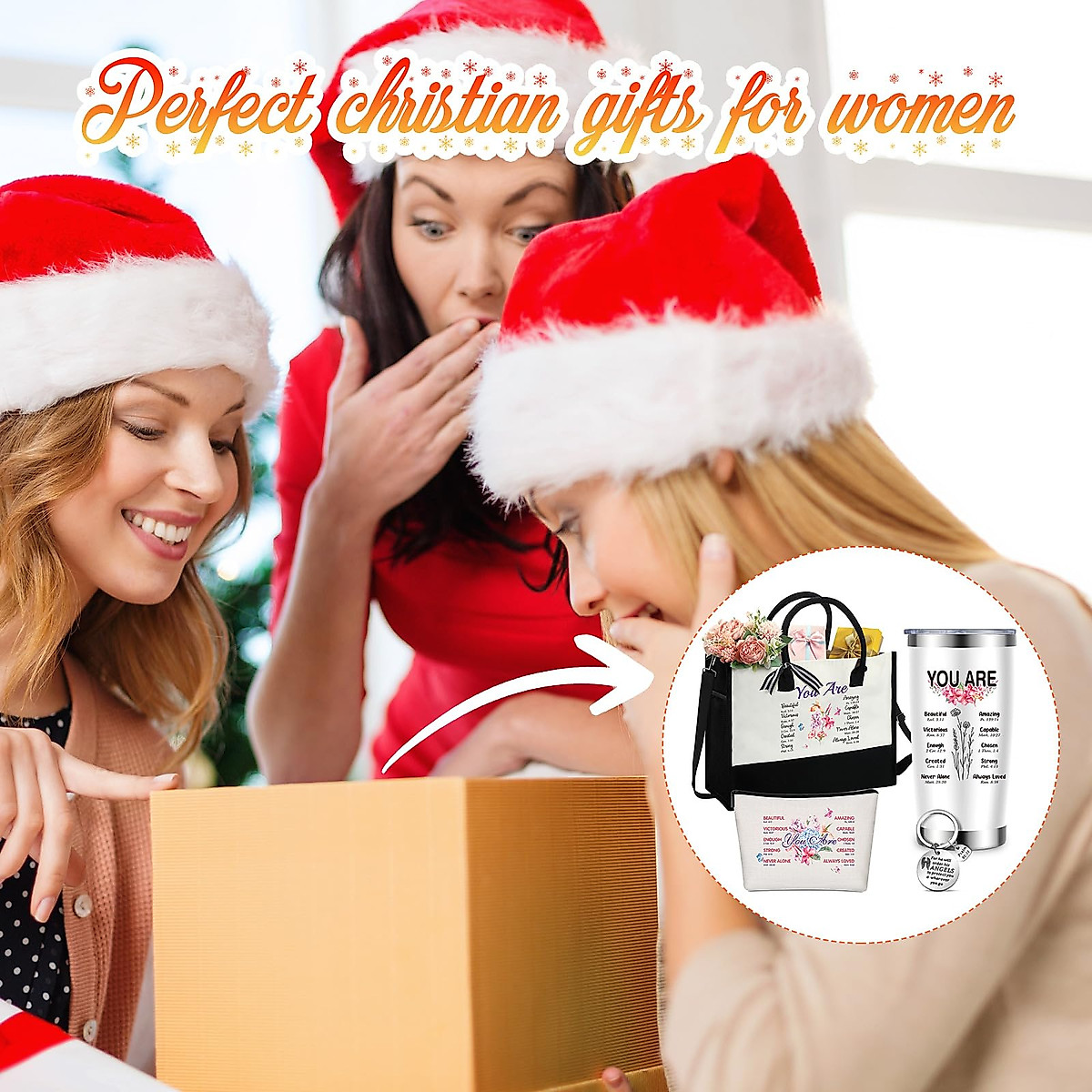 Aliceset 4 Pcs Mothers Day Christian Gifts for Women Include Inspiration Religious Tote Bag 20 oz Stainless Steel Tumbler Bible Verse Keychain Catholic Makeup Bag Birthday Gifts for Women(Floral)