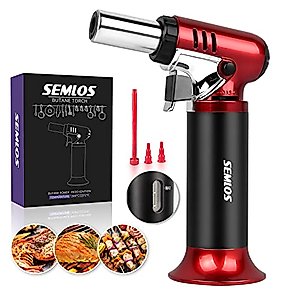 Semlos Butane Torch with Fuel Gauge, Refillable Cooking Torch Lighter, One-handed Operation Blow Torch with Safety Lock and Adjustable Flame, Fit All Butane Tanks Kitchen Torch for Creme Brûlée, BBQ