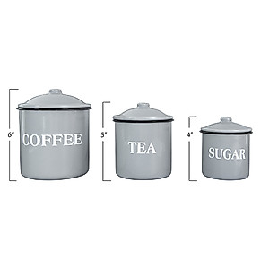 Creative Co-Op Metal Containers with Lids, "Coffee", "Tea", "Sugar" (Set of 3 Sizes/Designs),Grey
