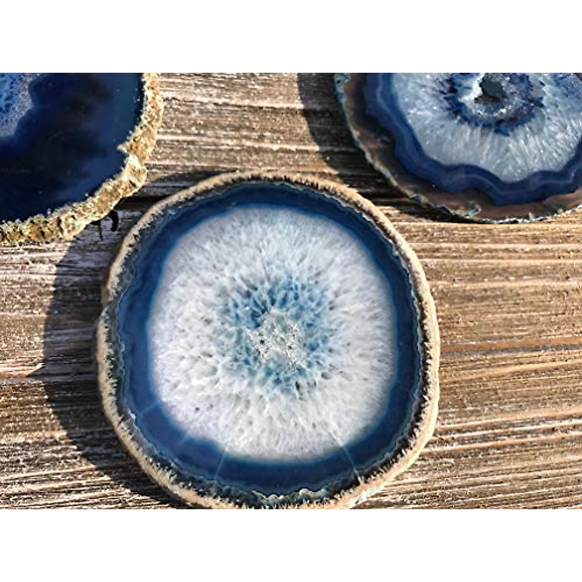 Agate Coasters set of 4 - Blue Colored Agate Coasters - Natural Rim - Bumpers
