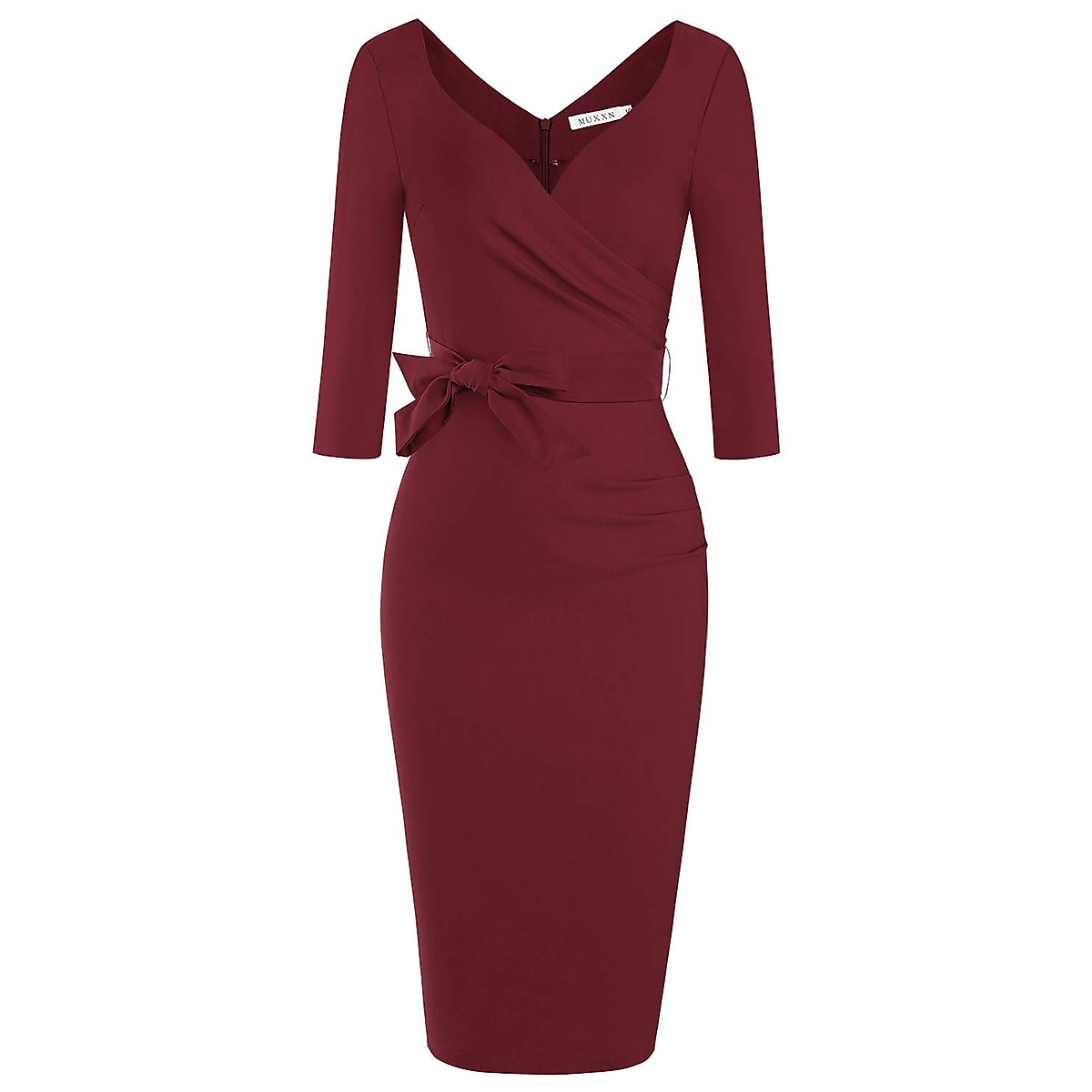MUXXN Ladies Solid Color Sweetheart Neckline High Stretch Casual Pencil Dress (Merlot XL)