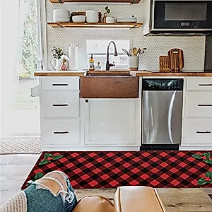 FDECOR Christmas Kitchen Mats Set of 2, Christmas Red Lattice Berry Cushioned Rugs Floor Mats for Kitchen Laundry,Non Slip Farmhouse Kitchen Runner Rugs Comfort Standing Mat, 19.7x31.5in+19.7x63in