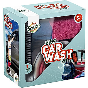 Kids Car Wash Activity Kit – 7 Kid-Sized Carwash Accessories Gifts for Boys & Girls Ages 5 6 7 8-10 - Outdoor Fun Toys – Set Includes Bucket, Squeegee, Microfiber Mitt, Wheel Brush, 3 Cleaning Cloths