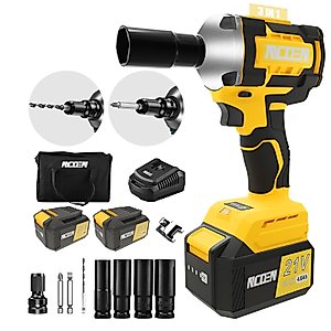 NCOEN 650N.m Cordless Impact Wrench 480Ft/lbs Brushless 1/2 Impact Gun Variable Speed 2800RPM Upgraded 3 in 1 High Torque Impact Drill 2x 4.0Ah Battery Charger 4 Sockets with Storage Bags