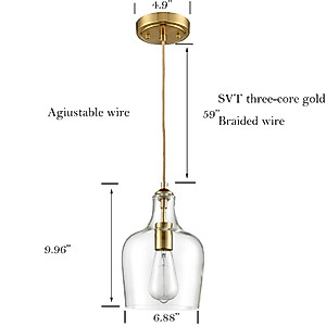 HYDELITE Modern Brushed Gold Pendant Light Fixtures Clear Glass Adjustable Cord Hanging Light for Living Room Kitchen Island Chandelier with Bell Shape