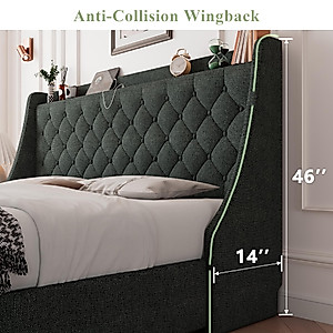 Feonase Queen Bed Frame with 4 Storage Drawers, Upholstered Storage Bed with Charging Station, Tufted Wingback Storage Headboard, No Box Spring Needed, Dark Grey