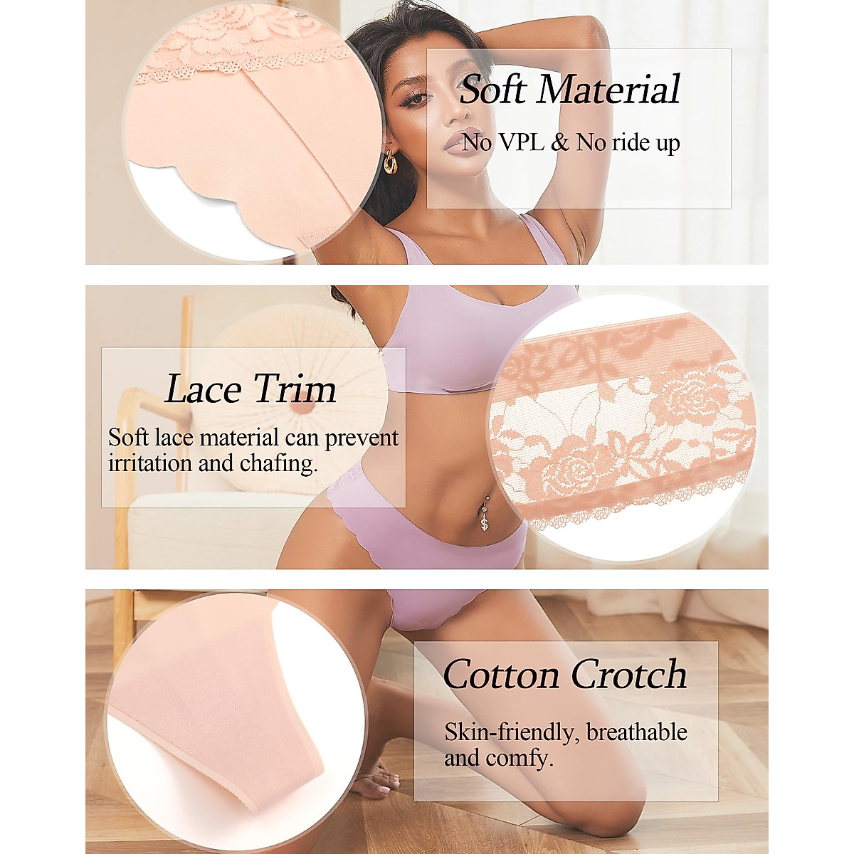 FINETOO Seamless Thongs for Women Low Rise Lace Wavy Sides Thong Sexy No Show Panties Womens Underwear S-XL 6 Pack