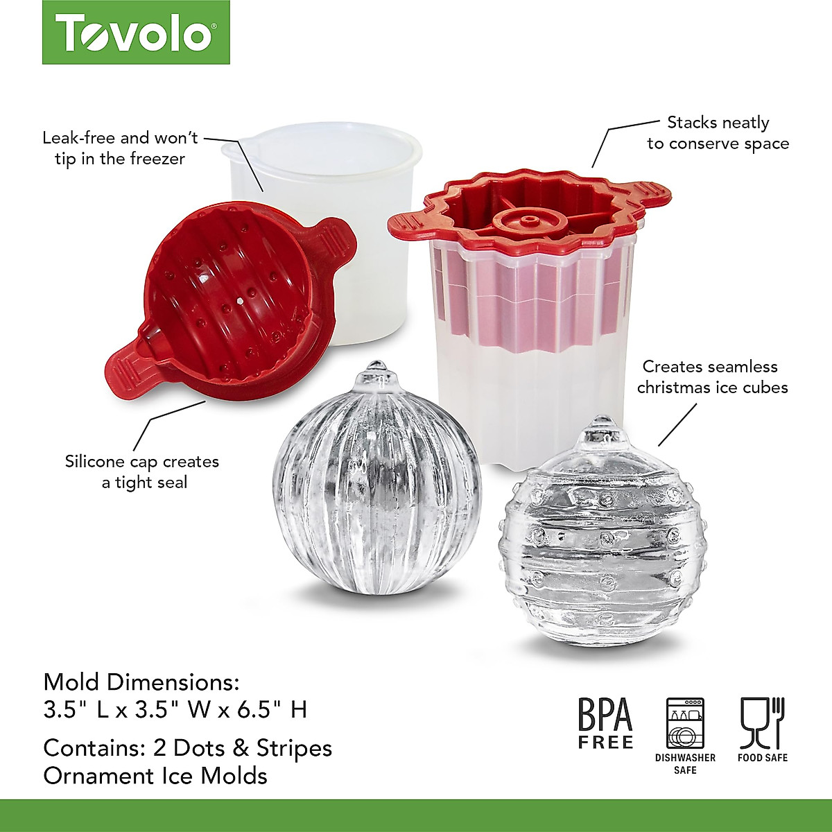 Tovolo Christmas Ornament Ice Molds, Set of 2 - Large Ice Mold Ideal for Festive & Holiday Drinks - Odor-Free Freezer Storage, Dishwasher-Safe with Silicone Plunger
