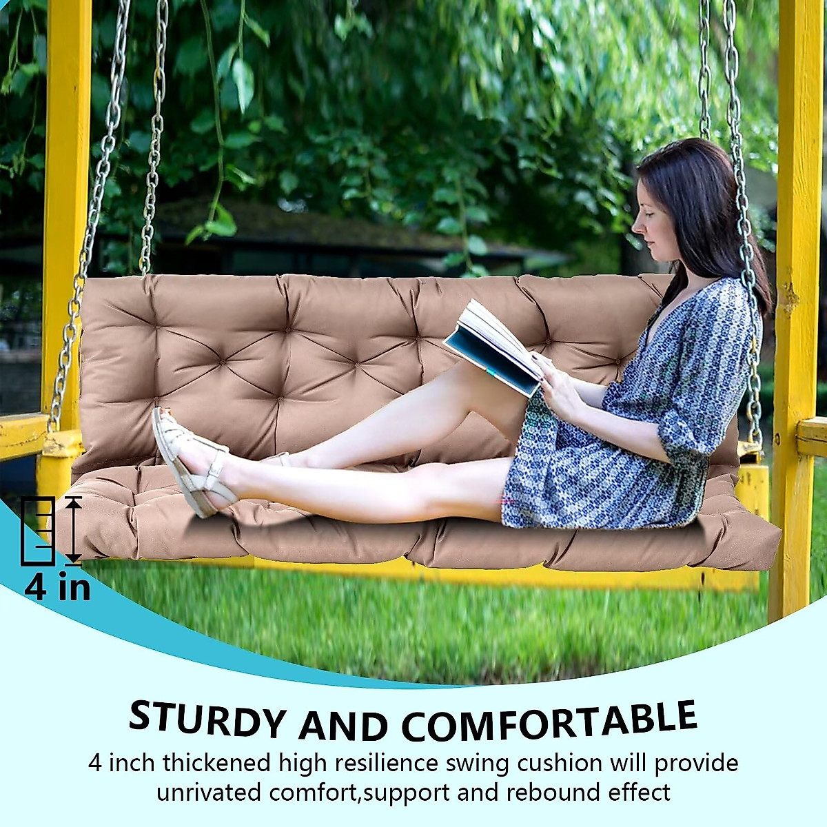 HZODJBH Swing Replacement Cushion, Outside Bench Cushion with Backrest, 2-3 Seater Cushion with Ties for Outdoor Furniture, 60 x 40 x 4 Inches Porch Swing Cushion Garden Bench (Brown)