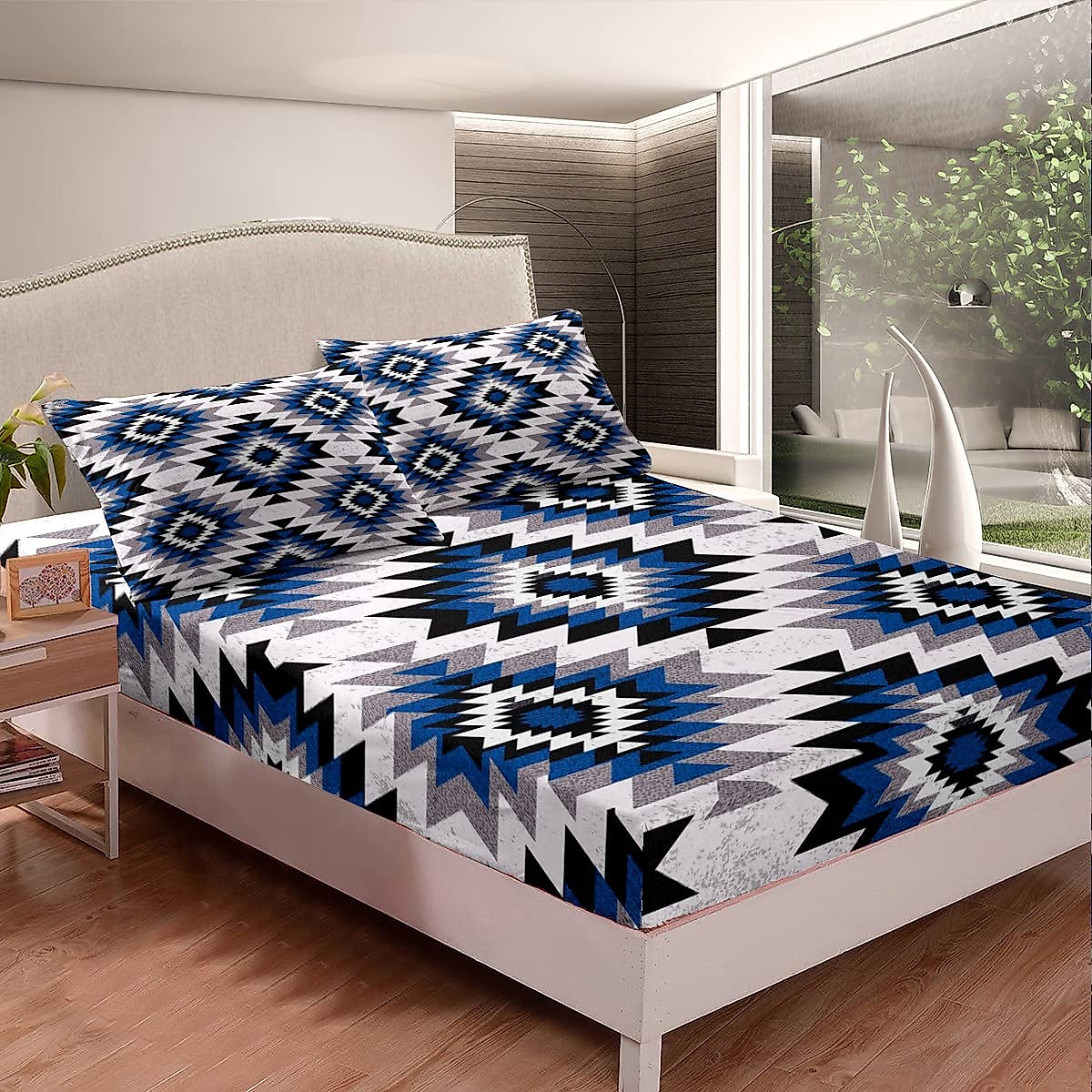 Kids Southwest Native American Design Fitted Sheet Queen Size Blue Grey Geometric Bed Sheet Set for Boys Girls Teens Bedroom Decor Tribal Bedding Set Set Women Men Bed Cover with 2 Pillow Case