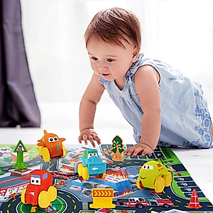 deAO Baby Truck Cars Toys with Playmat and Road Signs 11Pcs Toddler Soft Vehicle Airplane Birthday Gifts Toys for Babies Infants Toddlers 1 2 3 Year Old