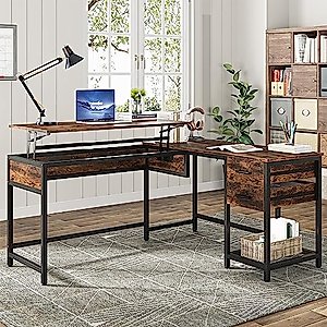 Tribesigns L Shaped Desk with Drawers, Corner Desk with Lift Top, 59 Inch Large Computer Desk, Standing Desk Height Adjustable with Storage Shelf for Home Office, Rustic Brown
