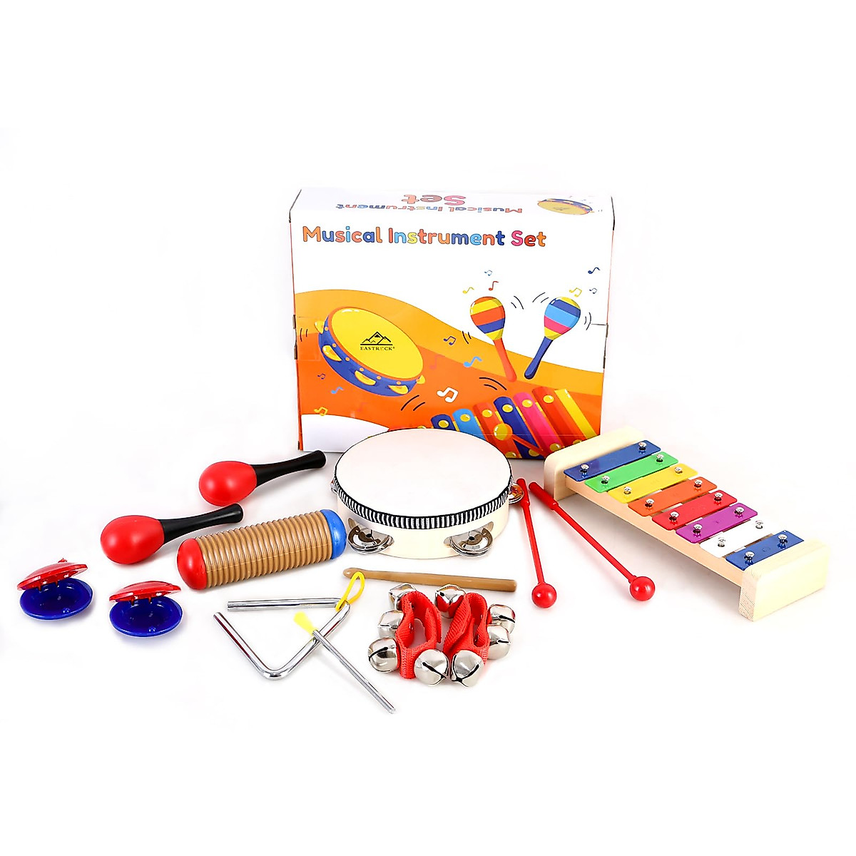 EASTROCK 13 Pcs Musical Instruments Set Toy for Children,Best Gifts for Children,Include Tambourine,Xylophone,Triangle Instrument,Guiro,Maracas,Castanets,Wrist Bells