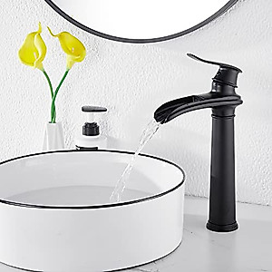 Black Bathroom Faucet GGStudy Single Handle One Hole Farmhouse Waterfall Bathroom Vessel Sink Faucet Matte Black Matching with Pop Up Drain