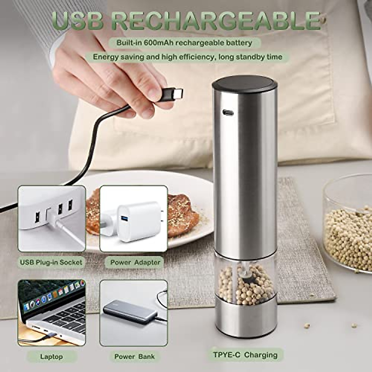 Electric Salt and Pepper Grinder,Black Pepper Grinder Refillable Sea Salt Grinder with LED Light Adjustable Coarseness Pepper MillsUSB Rechargeable One Hand Gravity Salt Grinder