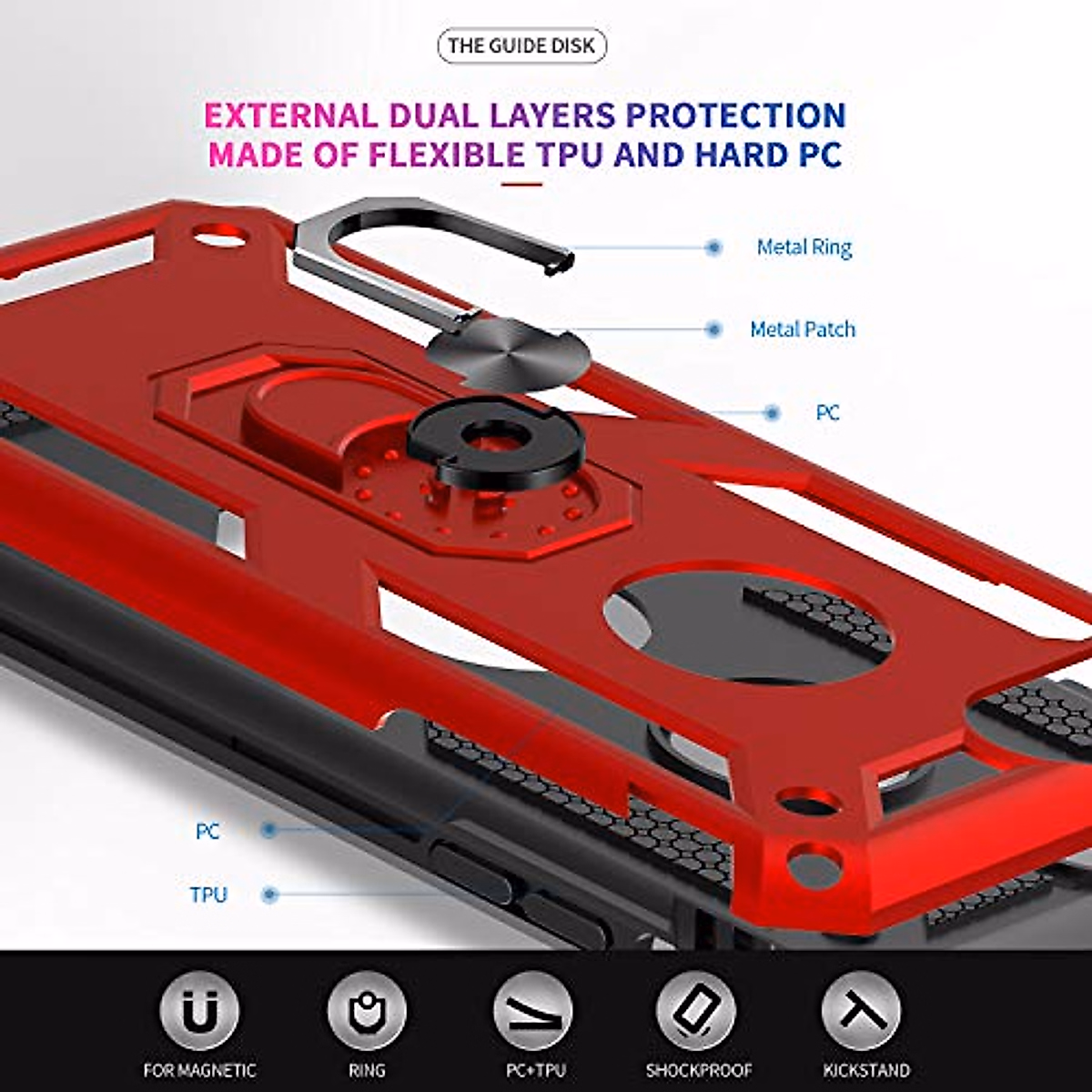 LeYi Compatible for iPhone 8 Plus Case, iPhone 7 Plus Case, iPhone 6 Plus Case with Tempered Glass Screen Protector [2Pack], Military-Grade Phone Case with Ring Kickstand for iPhone 6s Plus, Red