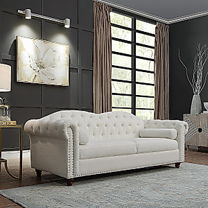 LAVHOME 84'' Chesterfield Loveseat with 2 Lumbar Pillows, Classic 3 Seat Tufted Upholstered Couch, High-tech Fabric Sleeper Sofa with Nailhead Scrolled Arms for Living Room(White)