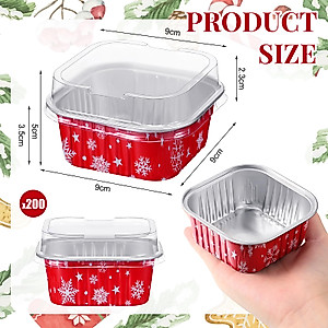 Suttmin 200 Pcs Christmas Baking Cups Foil Pans with Lids 5oz Mini Cake Containers Aluminum Cupcake Liners Square Dessert Cups Xmas Disposable Tin Muffin for Xmas Party(Snowflake)