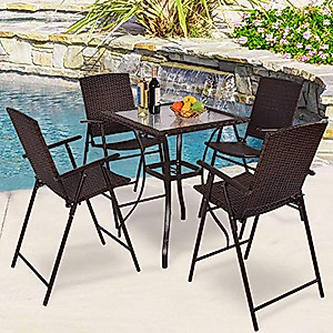 Tangkula 5 Pieces Patio Dining Set, 4 Folding Wicker Sling Chairs and Square Glass Top Table Set, with Umbrella Hole, Suitable for Apartment Balcony, Lawn, Garden and Poolside