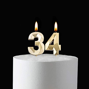 2 inch Gold 34 Birthday Candles, 3D Diamond Number 34th Cake Topper for Boys Girls Birthday Party Decorations Theme Party