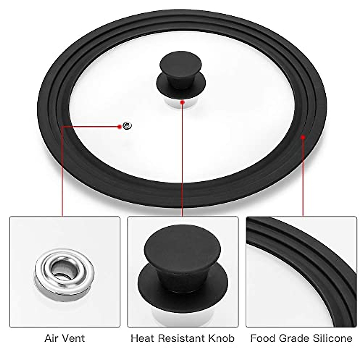 Universal Lid for Pots,Pans and Skillets - Tempered Glass with Heat Resistant Silicone Rim Fits 10.5", 11" and 12" Diameter Cookware,Black