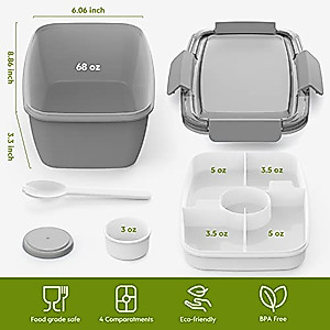 Cherrysea 2Pack Salad Lunch Container, 68oz Salad Bowls with 4 Compartments Tray,Leak Proof Lunch Box with Fork for Men,Women BPA-Free Snack Container with Sauce Container for Dressings-Grey