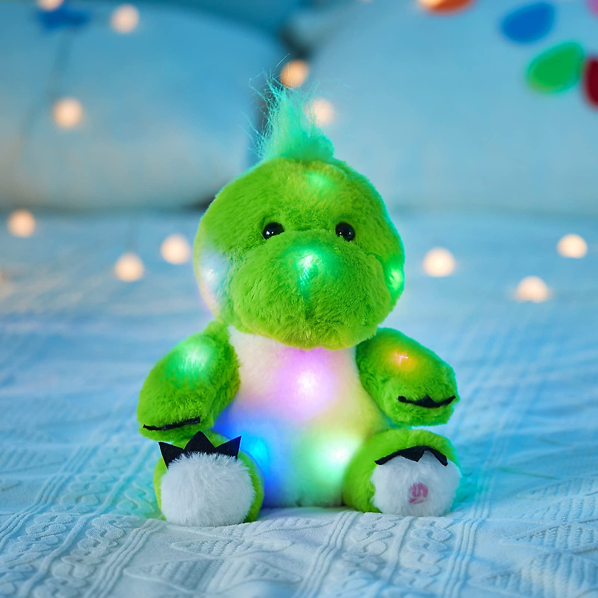 BSTAOFY 11'' Light Up Dinosaur Stuffed Animals Cute LED T-Rex Soft Plush Toy Glow in The Dark Gifts for Kids Boys Girls Valentines Birthday Holiday, Green