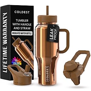 Coldest 40 oz Tumbler with Handle and Straw - 100% Spill Proof Tumbler with Straw (3 Lids) - Stainless Steel Insulated Leakproof Tumblers for Women & Men - 36 oz (Gold Reflections)
