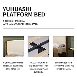YUHUASHI Platform Metal Bed Frame, Simple Design, Linen-Covered Curved headboard, Metal Frame and Foot, Easy to Assemble and noiseless (Beige & Gold, Queen)