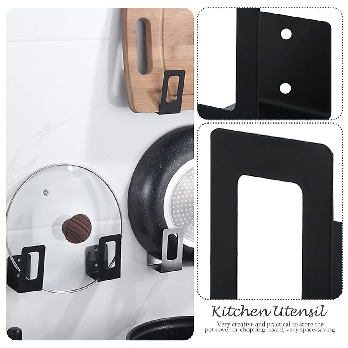Hemoton 3 Pairs Pot Lid Rack Wall Mounted Stainless Steel Pan Lid Organizer Holder Self Adhesive Pot Lid Holders Kitchen Cooking Utensil Tool Black
