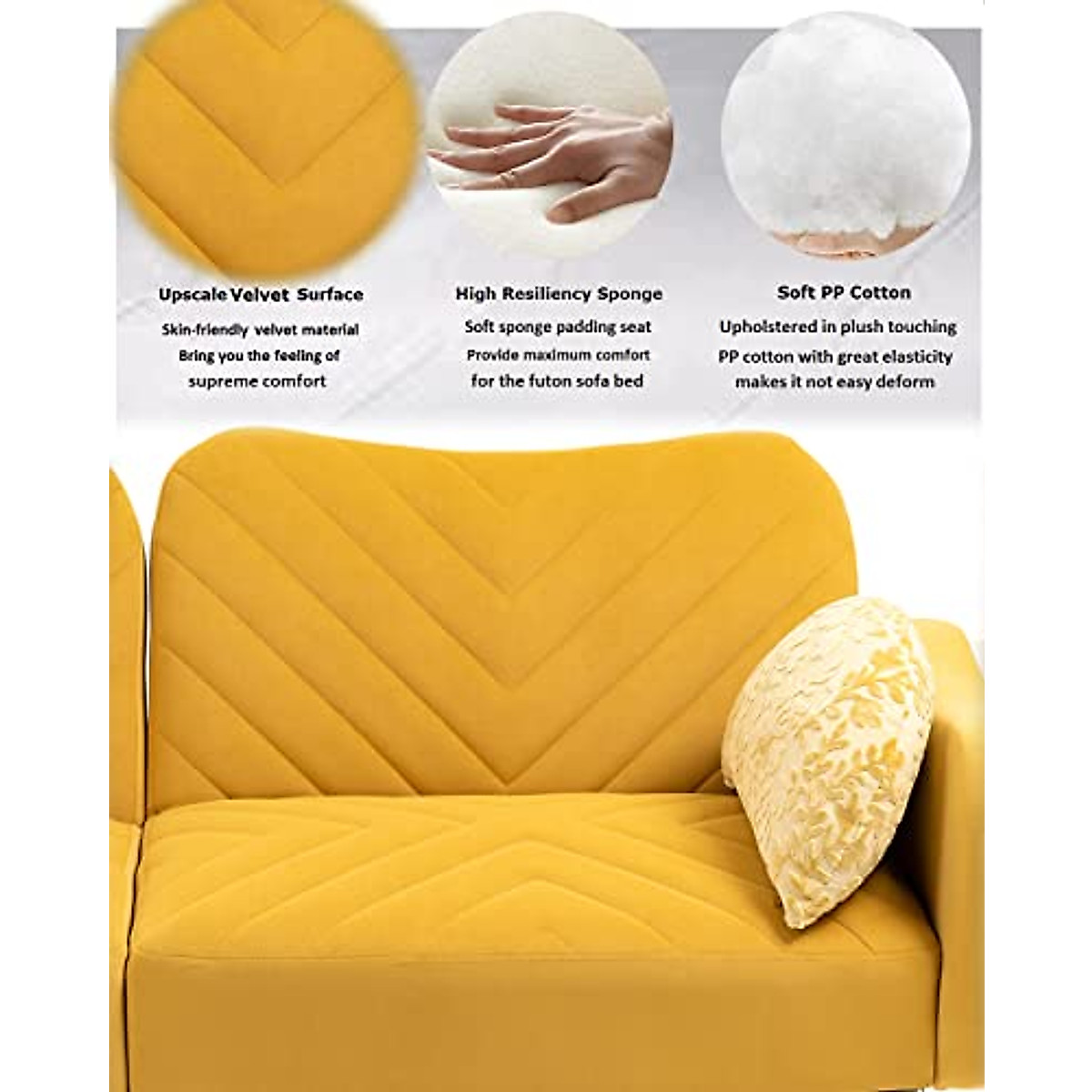65" Velvet Futon Sofa Bed with 2 Pillows, Modern Accent Sofa Comfy Upholstered Sofa Loveseat Sleeper Bed Couch 2 Seater Folding Sofa for Small Space (Mustard)