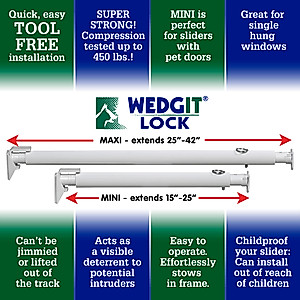 Wedgit Maxi Twist Tight Large Size Sliding Door Security Bar Extends 25 to 42”, Sliding Door Lock Bar to Keep Intruders from Getting in, Also Ideal for Sliding & Single Hung Windows, White