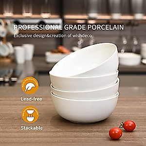 WishDeco Cereal Bowls Set of 4, Ceramic Soup Bowls, 20 Ounce Breakfast Bowls, 6" White Bowls for Dessert, Oatmeal, Pasta, Noodle, Salad, Rice, Microwave & Dishwasher Safe