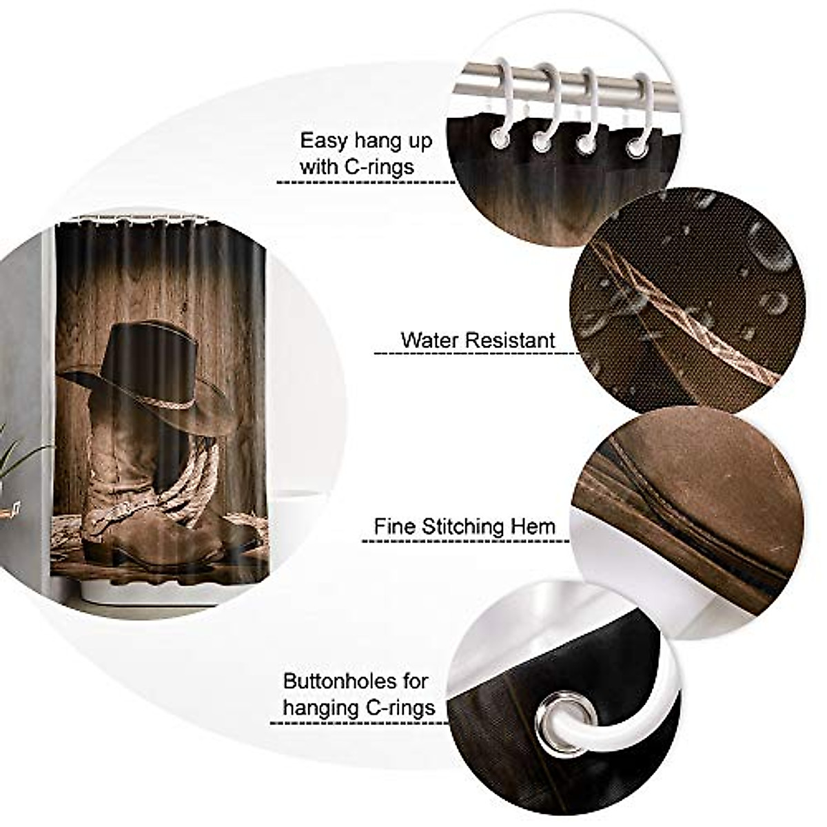 Bathroom Accessory Sets Toilet Lid Cover Sets with Non-Slip Bath Mat Cowboy Hat and Old Ranching Rope On Wooden Display Rodeo Cowboy Style 4pcs Waterproof Shower Curtain 66x72in for Bathroom Toilet