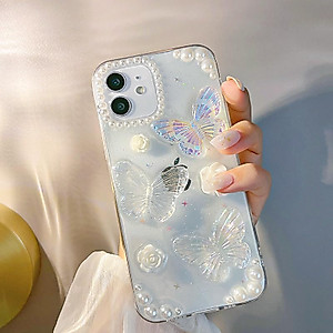 LOLAGIGI for iPhone 13 Pro Max Case Cute Butterfly Flower Pearl 3D Twinkle Glitter Spark Luxury Girly Aesthetic Personalized Design for Women Girls Transparent Epoxy TPU Case, 6.7", Clear