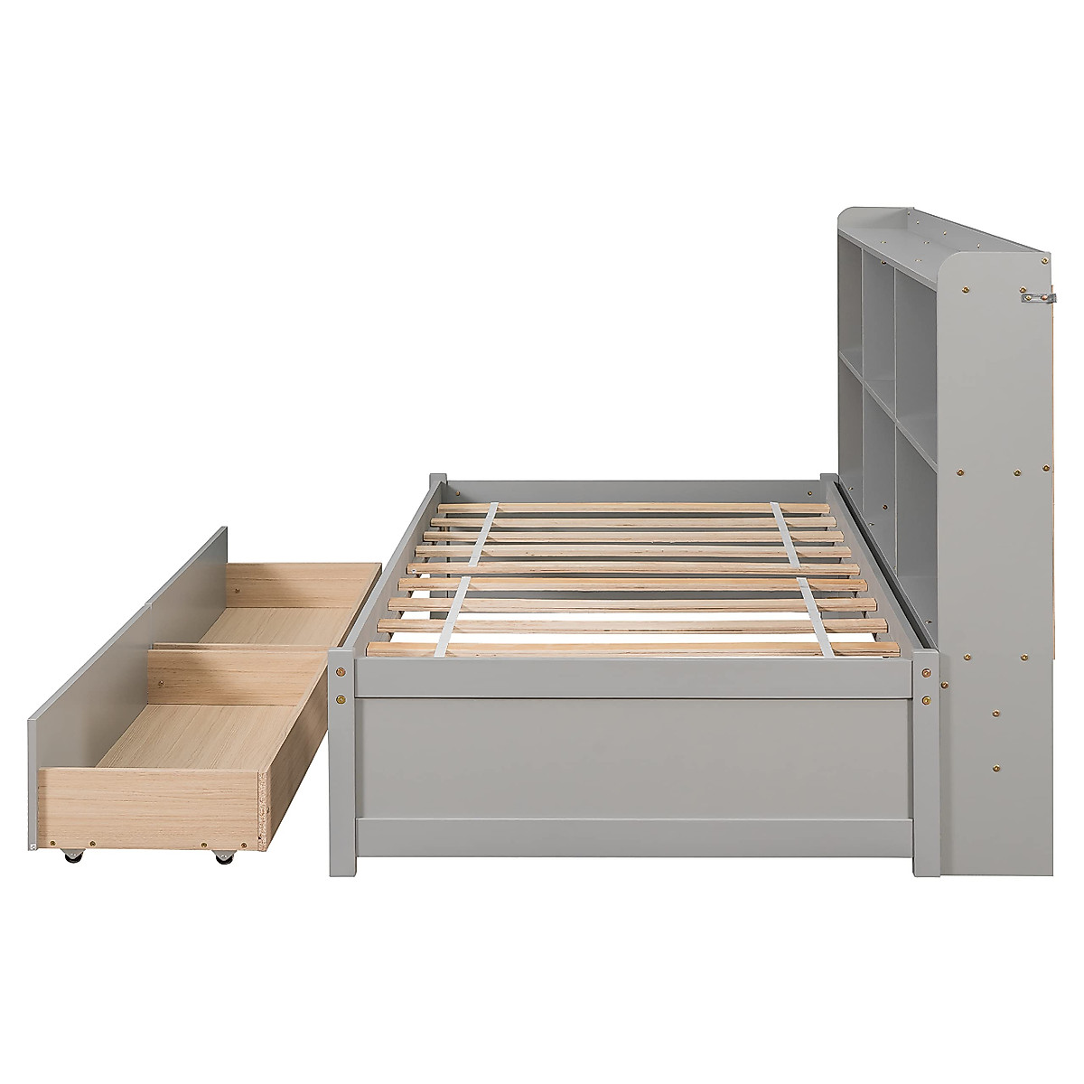 Twin Size Captain Bed with 2 Storage Drawers Wood Day Beds with Side Bookcase, Twin Bed Frame for Kids, Boys, Girls & Teens, No Box Spring Needed, Grey