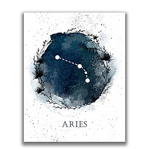 Aries Zodiac Constellation Wall Art Print - 11x14 UNFRAMED Astrological Star Sign in Shades of Indigo, Navy Blue. Makes a Great Gift for March-April Birthdays.