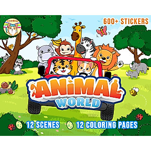 Animal World Sticker Book (600+ Animal Stickers for Kids & 12 Coloring Pages) by Doodou - Side by Side Sticker Activity Book - Fun Sticker Books - Great for Boys & Girls Ages 2-4 4-8 or 8-10