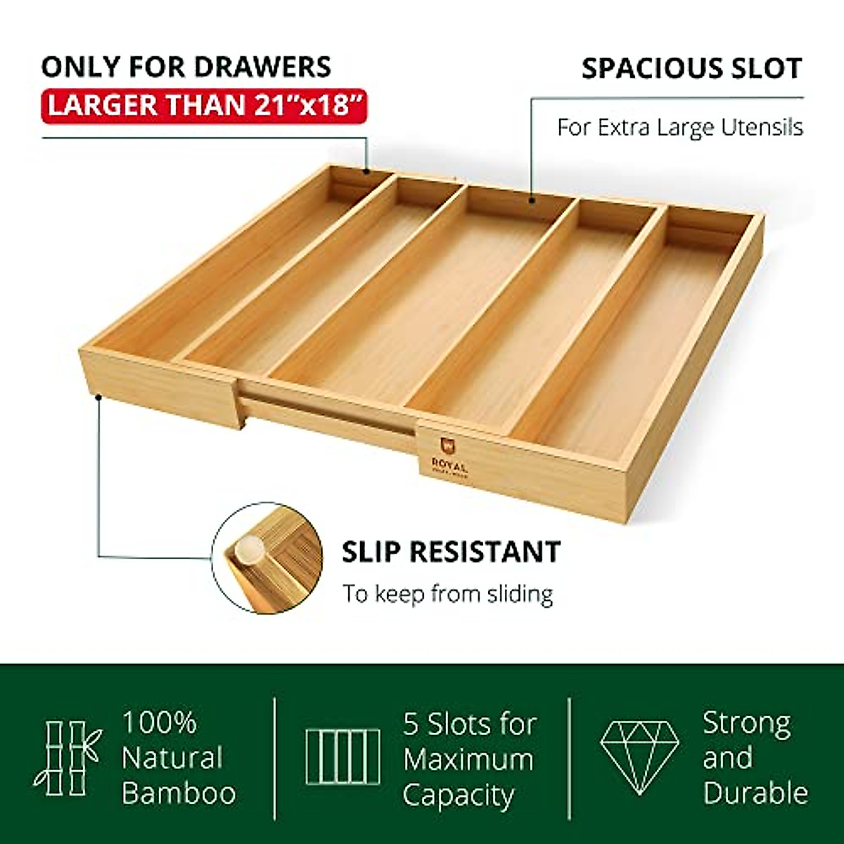 ROYAL CRAFT WOOD Luxury Bamboo Kitchen Drawer Organizer - Expandable Utensil Organizer for Drawer - Utensil and Silverware Holder and Cutlery Tray (Natural, 19.6"x17")