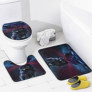 Kazynee Cool Dragon Wolf 4 Piece Shower Curtain Sets, Non-Slip Rugs, Toilet Lid Cover and Bath Mat, Durable and Waterproof, for Bathroom Decor Set One Size