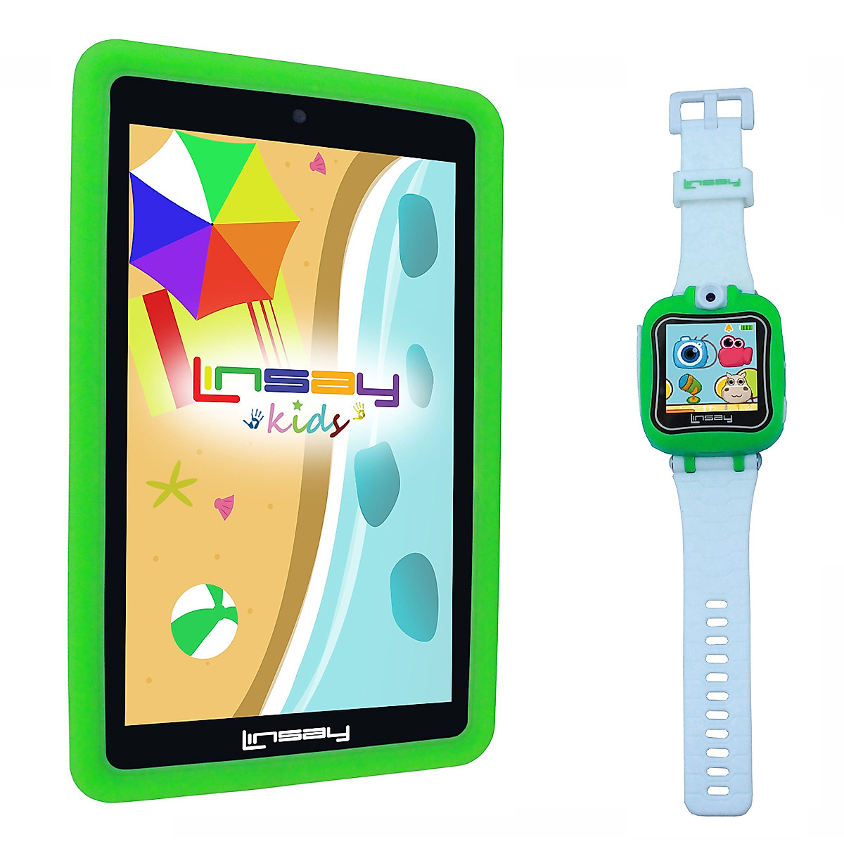 LINSAY® 7" Kids Funny Tablet Green with 1.5" Kids Smartwatch 90 Degree Selfie Camera Green